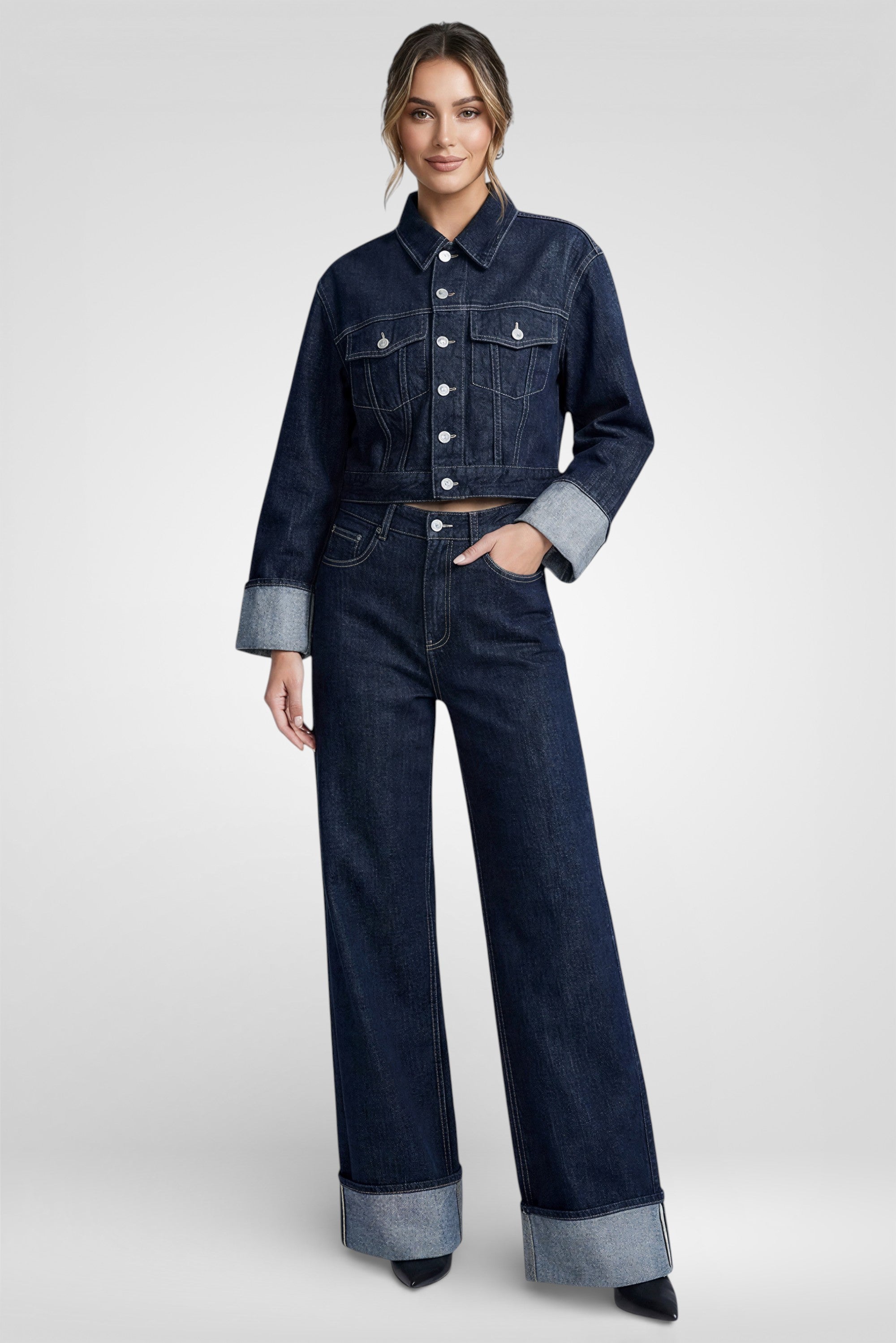 Vintage Denim Jacket and Pants Set – Women’s High-Waisted Wide Leg Jea ...